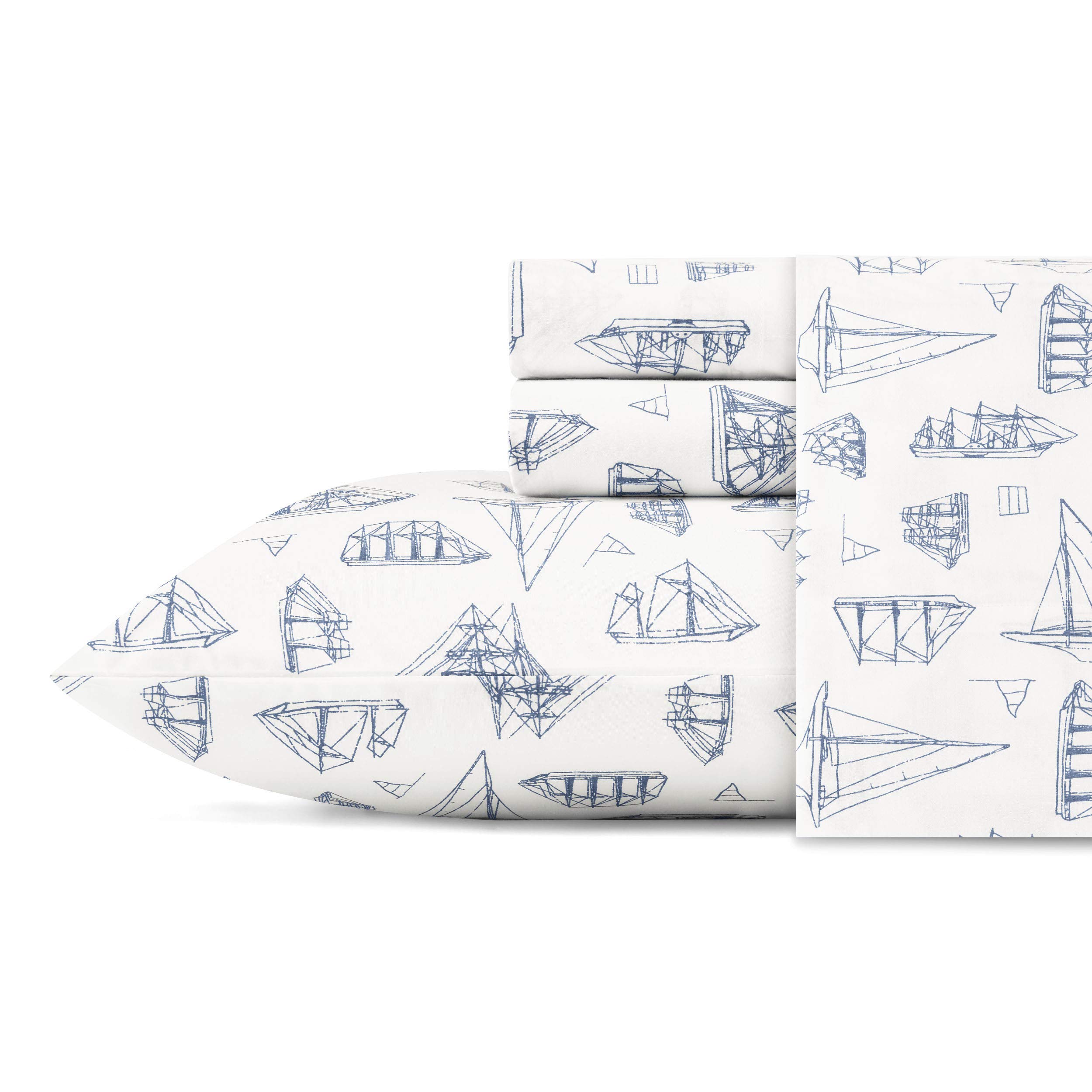 Nautica - Full Size Sheet Sets, Cotton Percale Bedding, Crisp & Cool, Coastal Home Decor (Whitewood Sail Blue, Full)