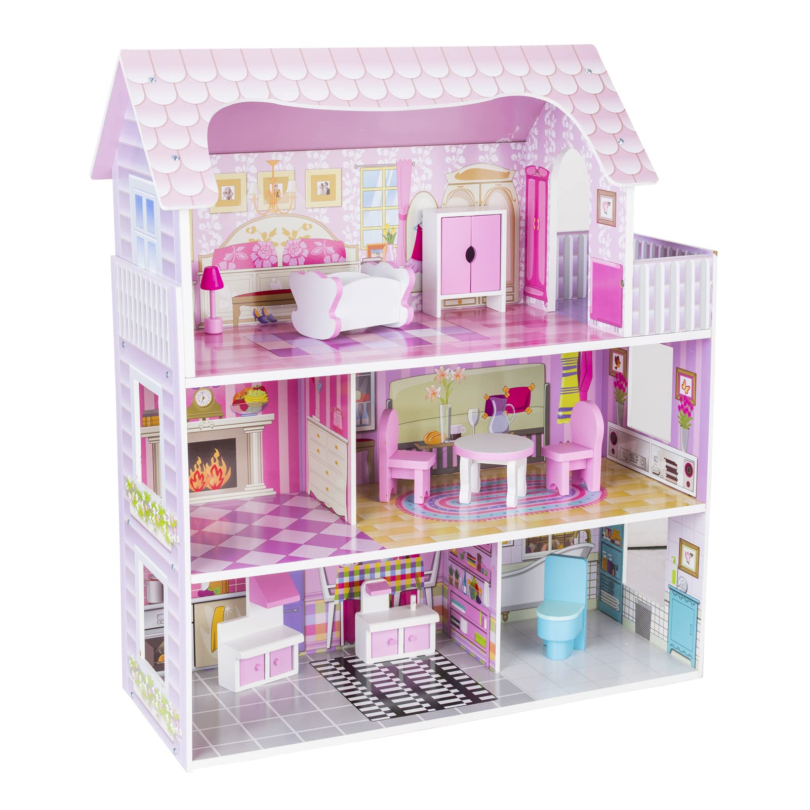 Wooden Dollhouse with Furniture for Kids Girls, Toys for 3 4 5 6 Years Old (Style 3)