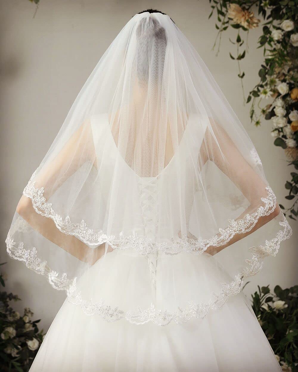 EllieWely 2 Tiers 2 T Short Fingertip Length Sequin Lace Bridal Wedding Veil Ivory