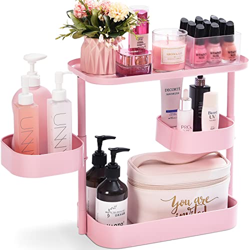 KINGRACK 3 Tier Bathroom Counter Organizer Rotatable, Metal Makeup Cosmetic Storage Holder, Standing Storage Rack, Vanity Trays Countertop Organizer for Perfume Skincare Supplies and Decor, Pink