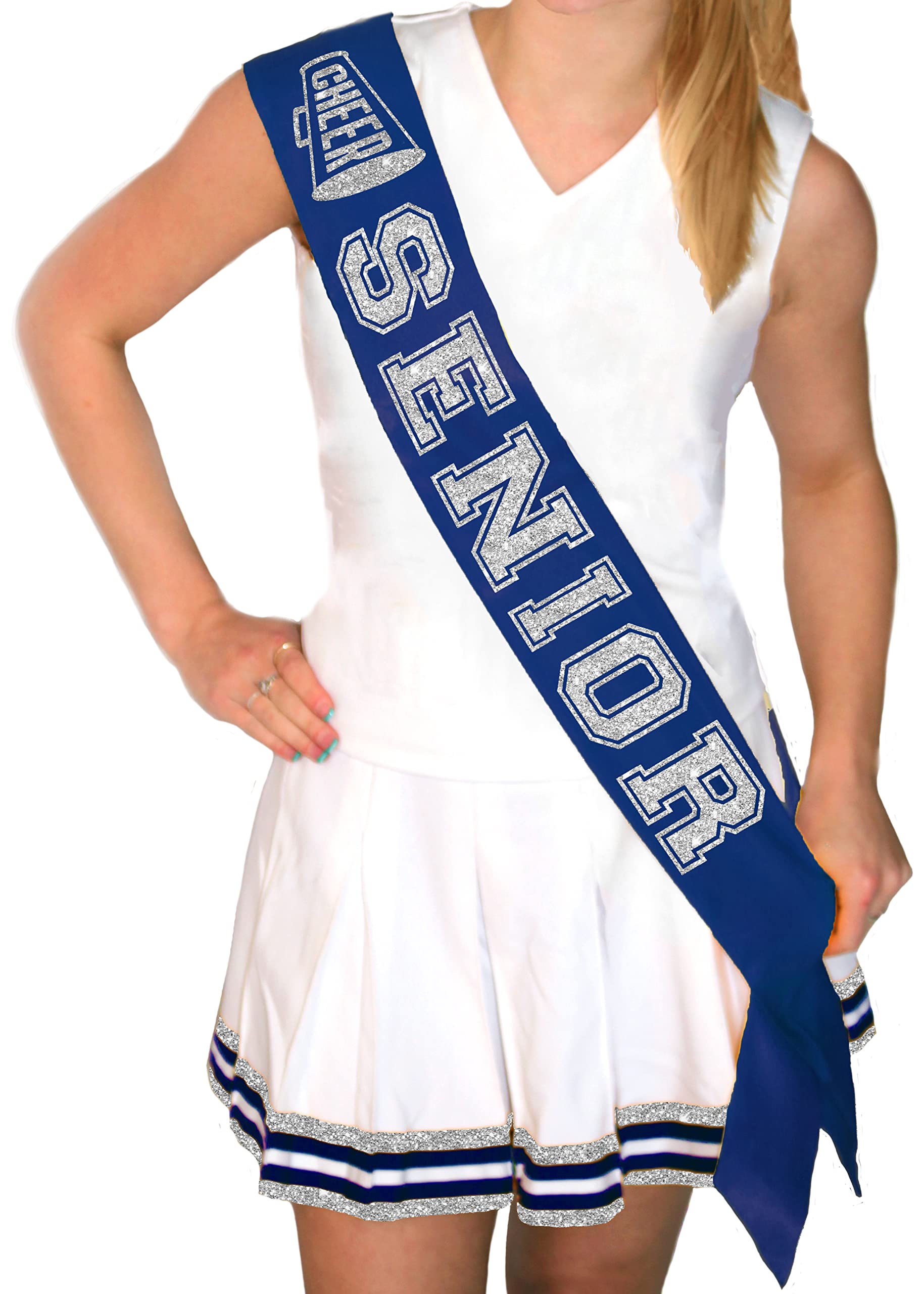 Navy Blue Cheer Senior Sash - Silver Glitter Cheer Senior Navy Blue Premium Grade Satin Sash - Senior Night Supplies for Cheerleaders - Navy Blue Satin (SLV Cheer)