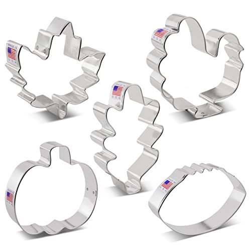 Fall Thanksgiving Cookie Cutters 5-Pc. Set Made in USA by Ann Clark, Maple Leaf, Turkey, Oak Leaf, Pumpkin, Football