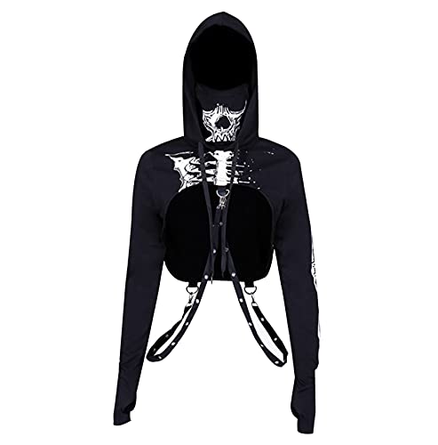 JUMISEE Women Goth Skeleton Hoodie Crop Top Iron Chain Long Sleeve Hooded Pullover Sweatshirt for Halloween Rave Festival Black