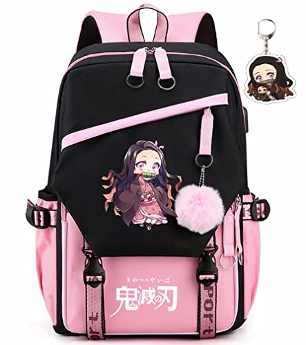 Luckbanjie 17'' Nezuko Backpack Tanjiro Anime School Book Bag Latop Backpacks (Pink-A)