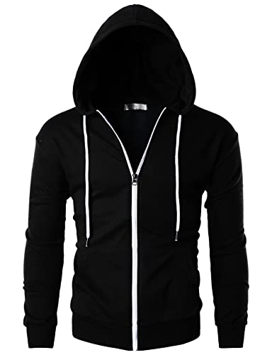 Ohoo Mens Slim Fit Lightweight Zip Up Hoodie with Pockets Long Sleeve Full-Zip Hooded Sweatshirt/DCF002-BLACK-M