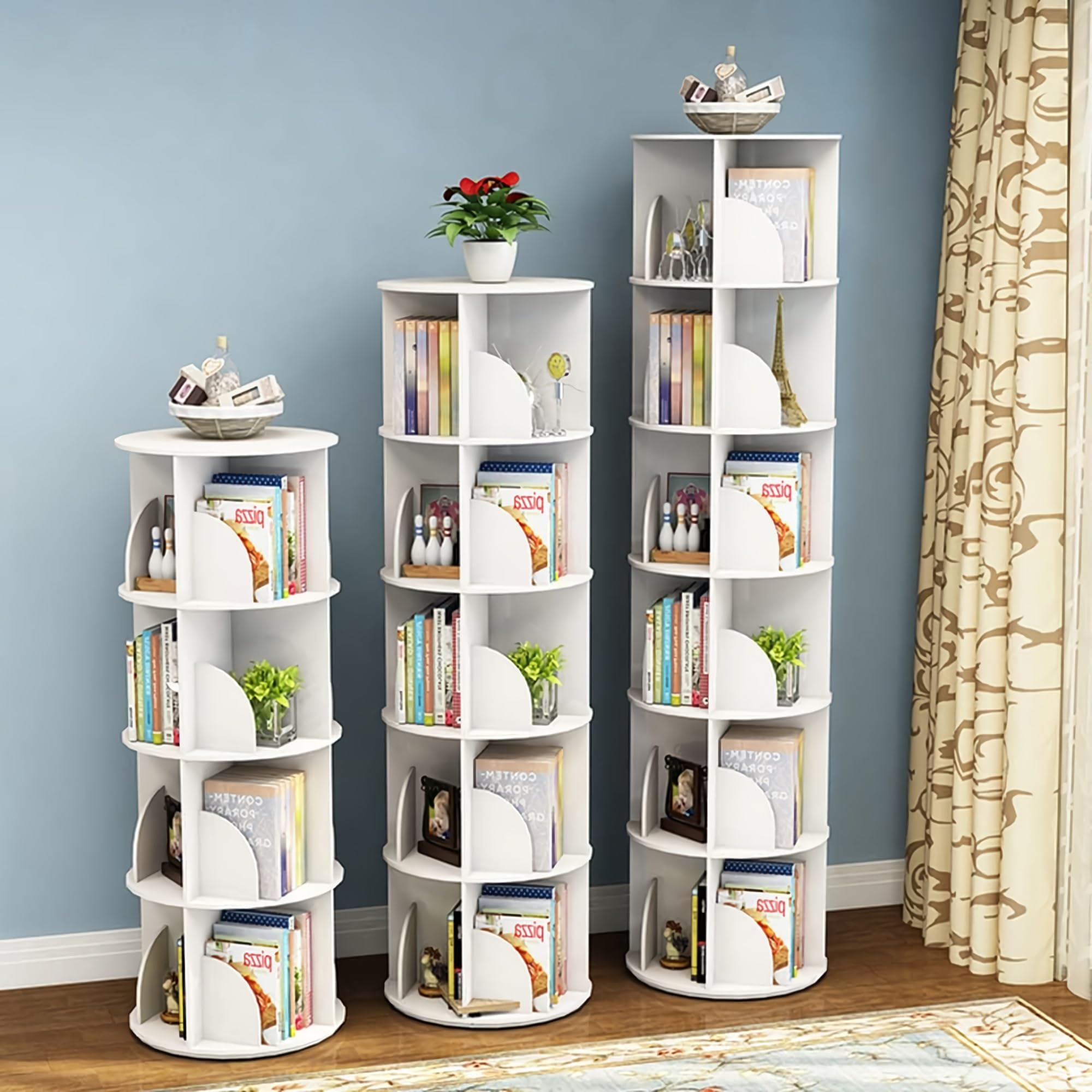 INTEXCA & DESIGN 6 Tier Rotating Bookshelf, 360° Wood Rotating Stackable Shelves Bookshelf Organizer for Home, Bedroom, Office (White)