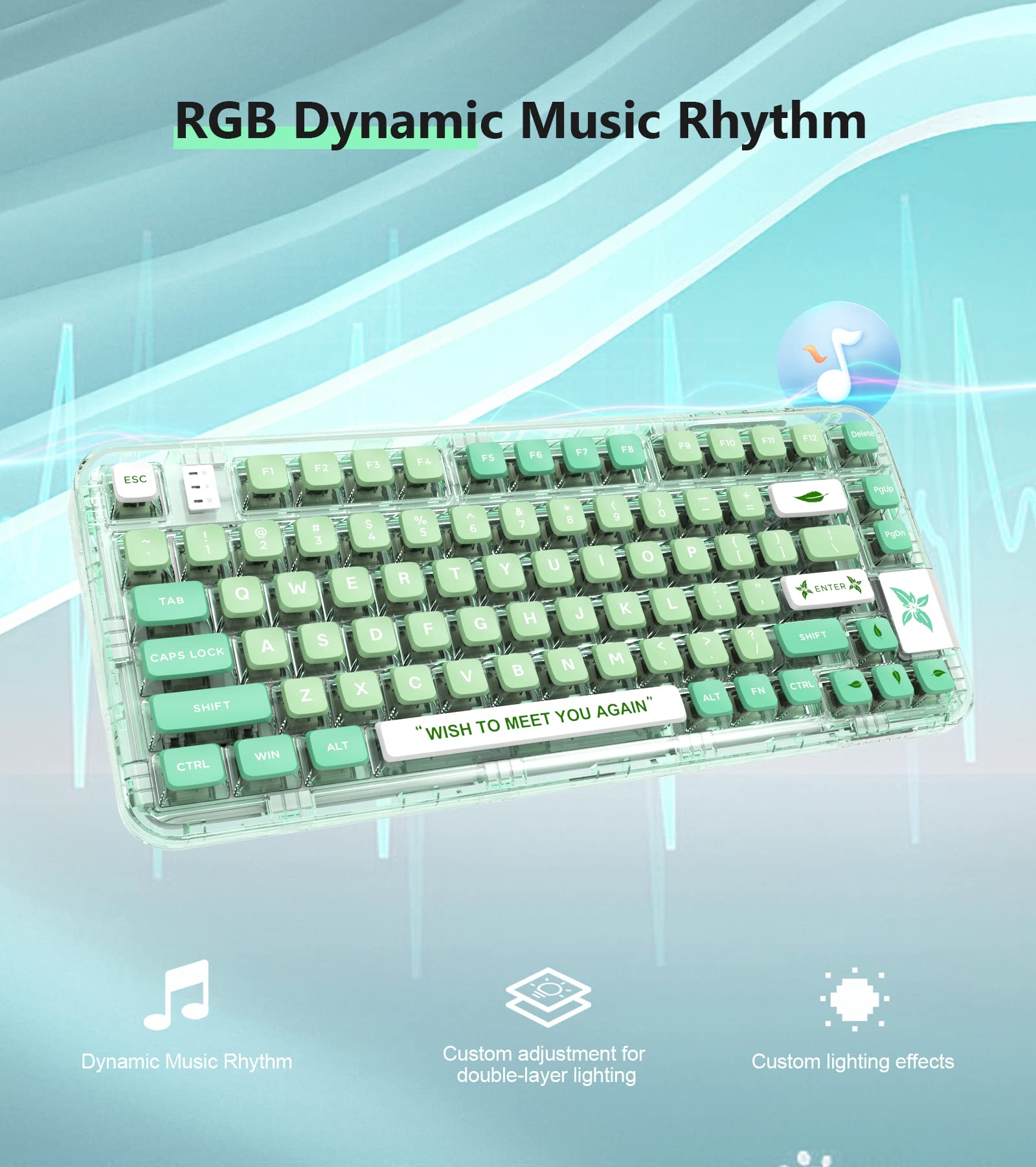 GK GAMAKAY GK75 75% RGB Transparent Gasket Mechanical Keyboard, Bluetooth/USB-C/2.4GHz 80 Keys Hot Swap Gateron Yellow Switch 2.0 KSA Profile PBT Keycaps Gaming Keyboard (Mint Green)
