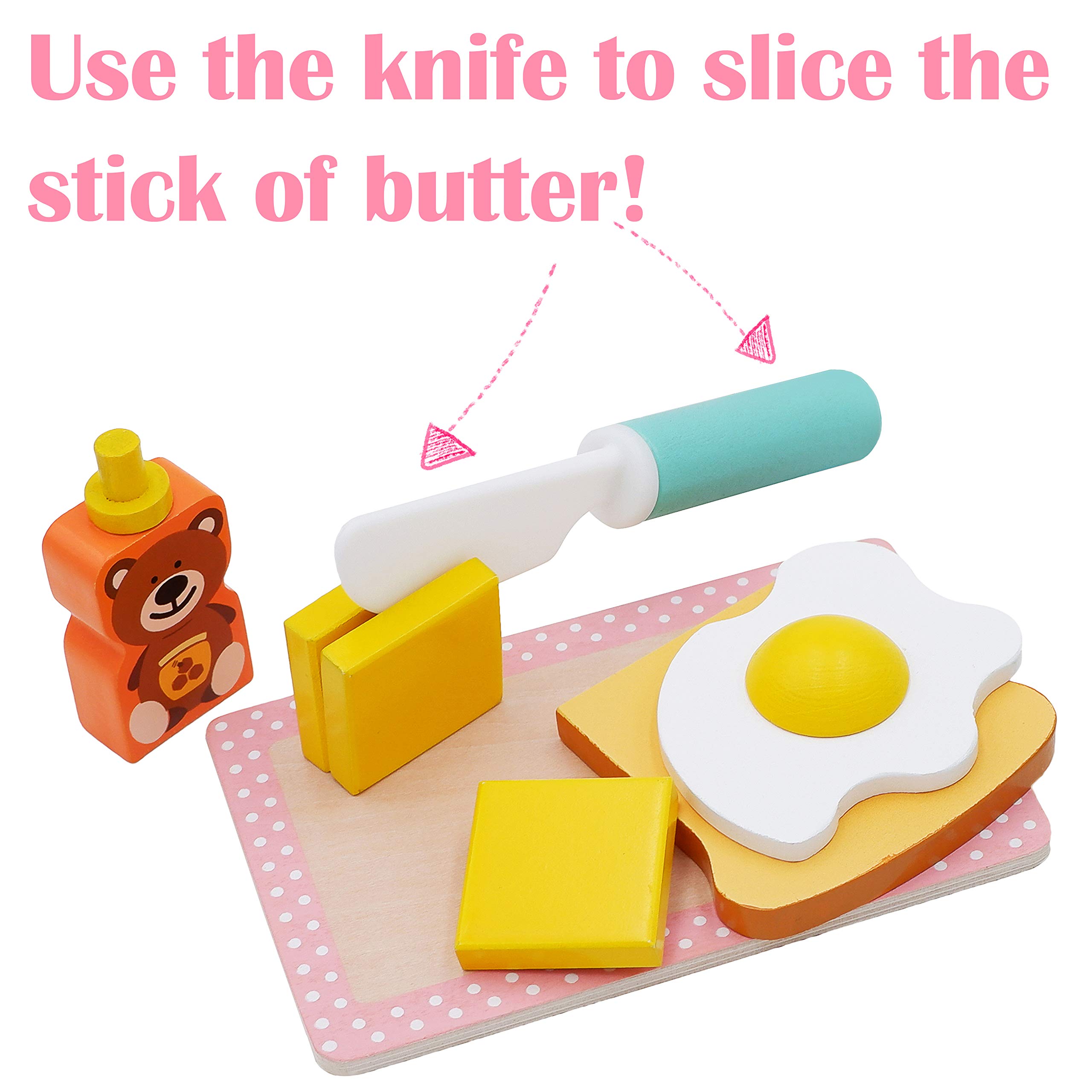 Toy Kitchen Wooden Pop-Up Toaster Play Set 10 Pcs, Interactive Early Learning Toaster, Exclusive Chopping Board, Knife, Poached Egg Honey Bear and Sliceable Butter, Fun and Colorful for Girls and Boys