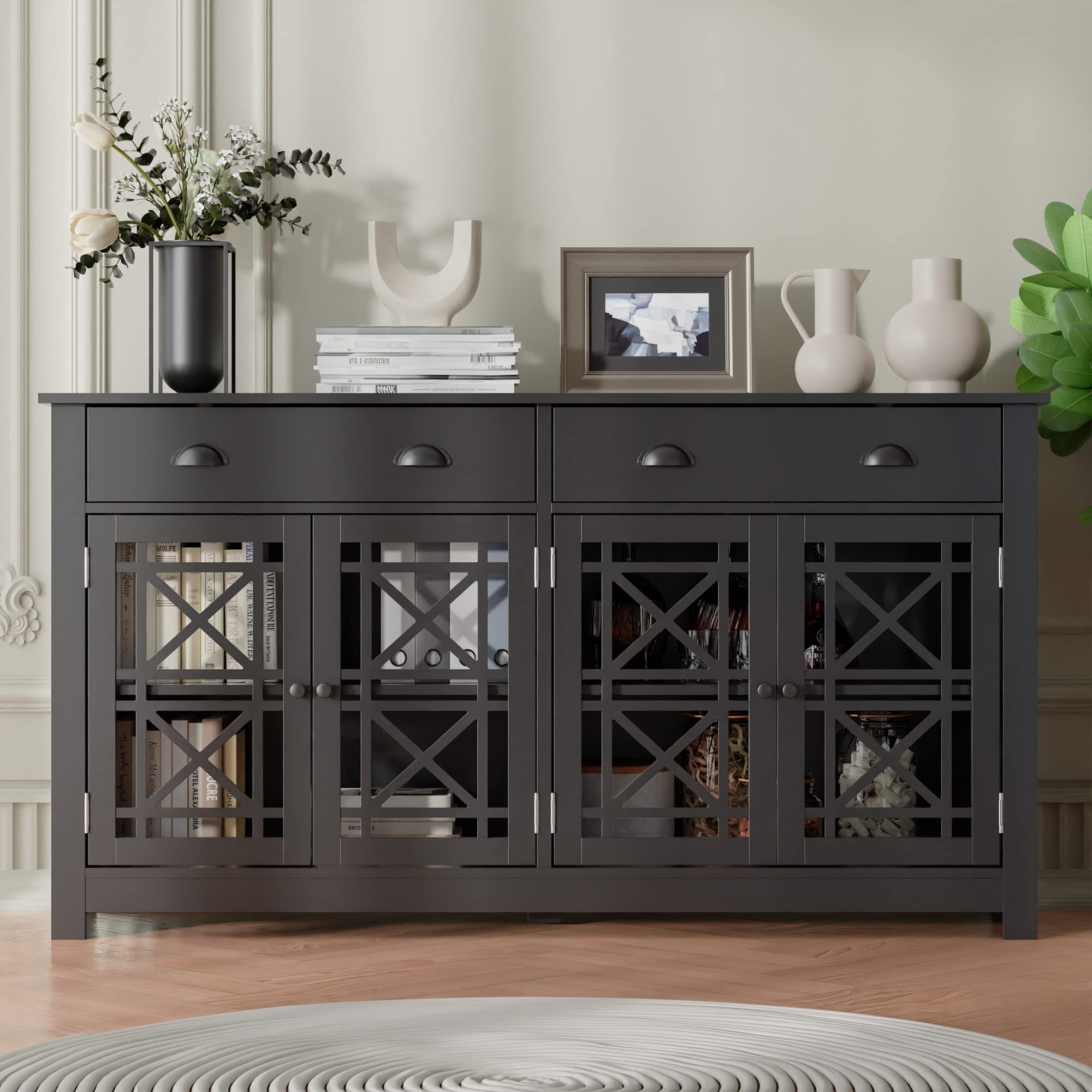 Cozy Castle Modern Buffet Cabinet with Drawers, Wood Sideboard Buffet Cabinet with 4 Acrylic Glass Doors, Freestanding Bar Cabinet, White