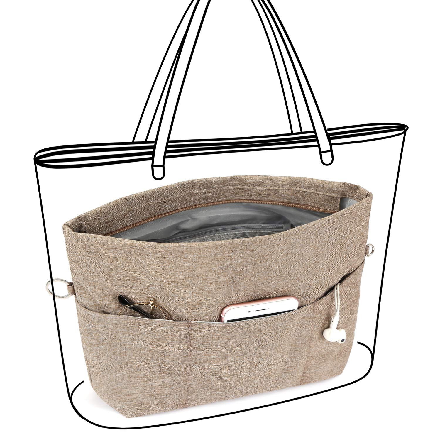 VANCORE Purse Bag Organizer Insert with 13 Pockets, Handbag and Tote Bag Inside Shaper with Zipper (Khaki, Medium)