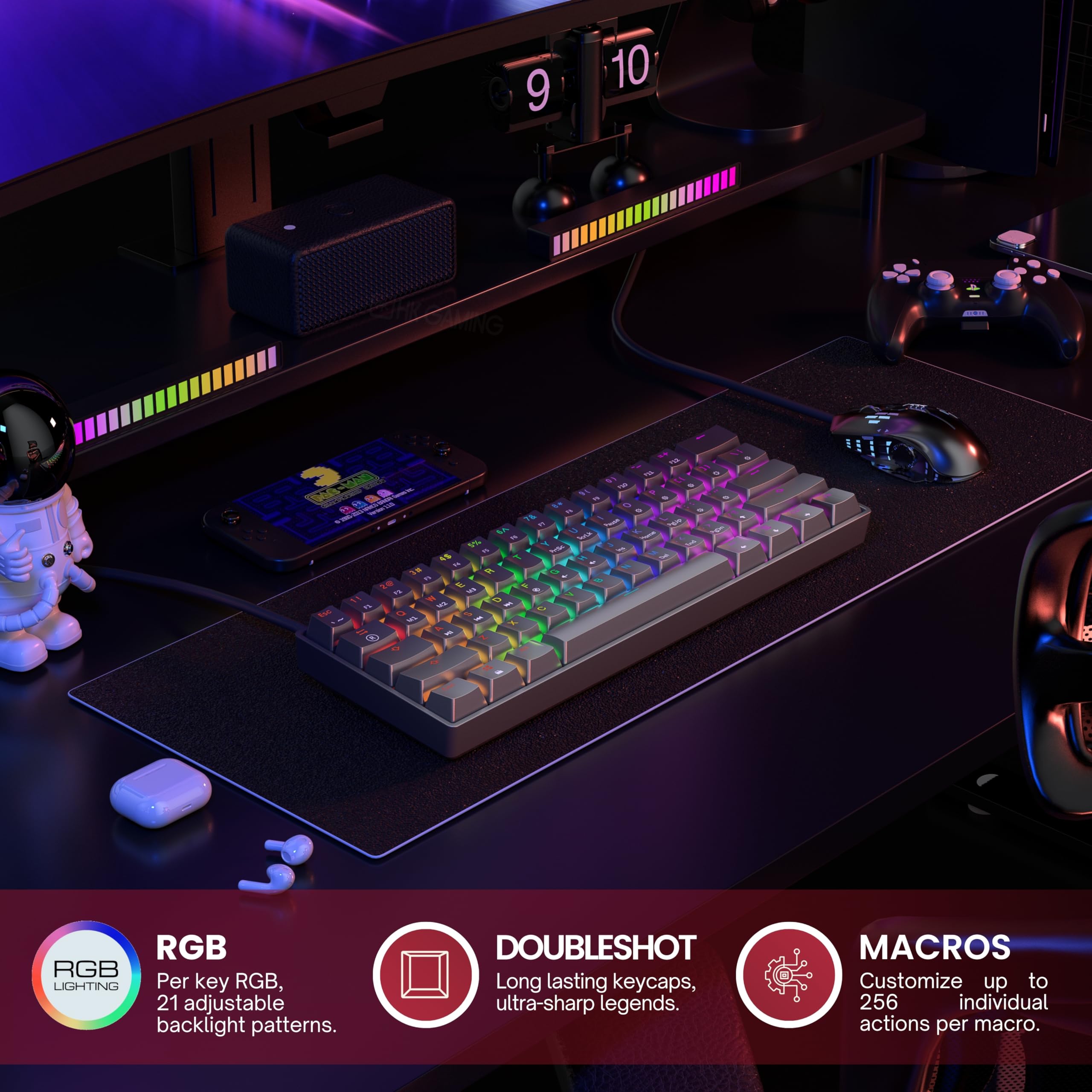 GK61 Mechanical Gaming Keyboard - 61 Keys Multi Color RGB Illuminated LED Backlit Wired Programmable for PC/Mac Gamer (Gateron Optical Yellow, Black)