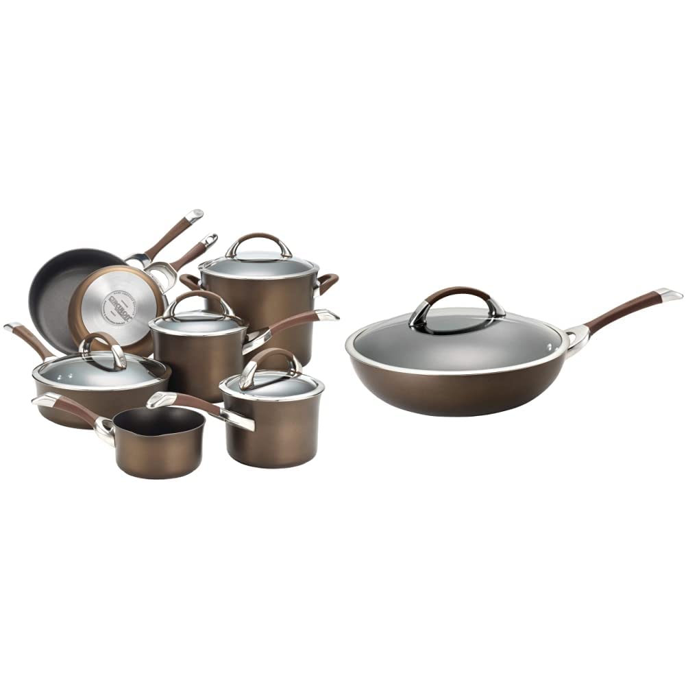 Circulon Symmetry Dishwasher Safe Hard Anodized Nonstick Cookware Pots and Pans Set, 11-Piece, Chocolate & Symmetry Hard Anodized Nonstick Wok/Stir Fry Pan with Lid, 12", Chocolate