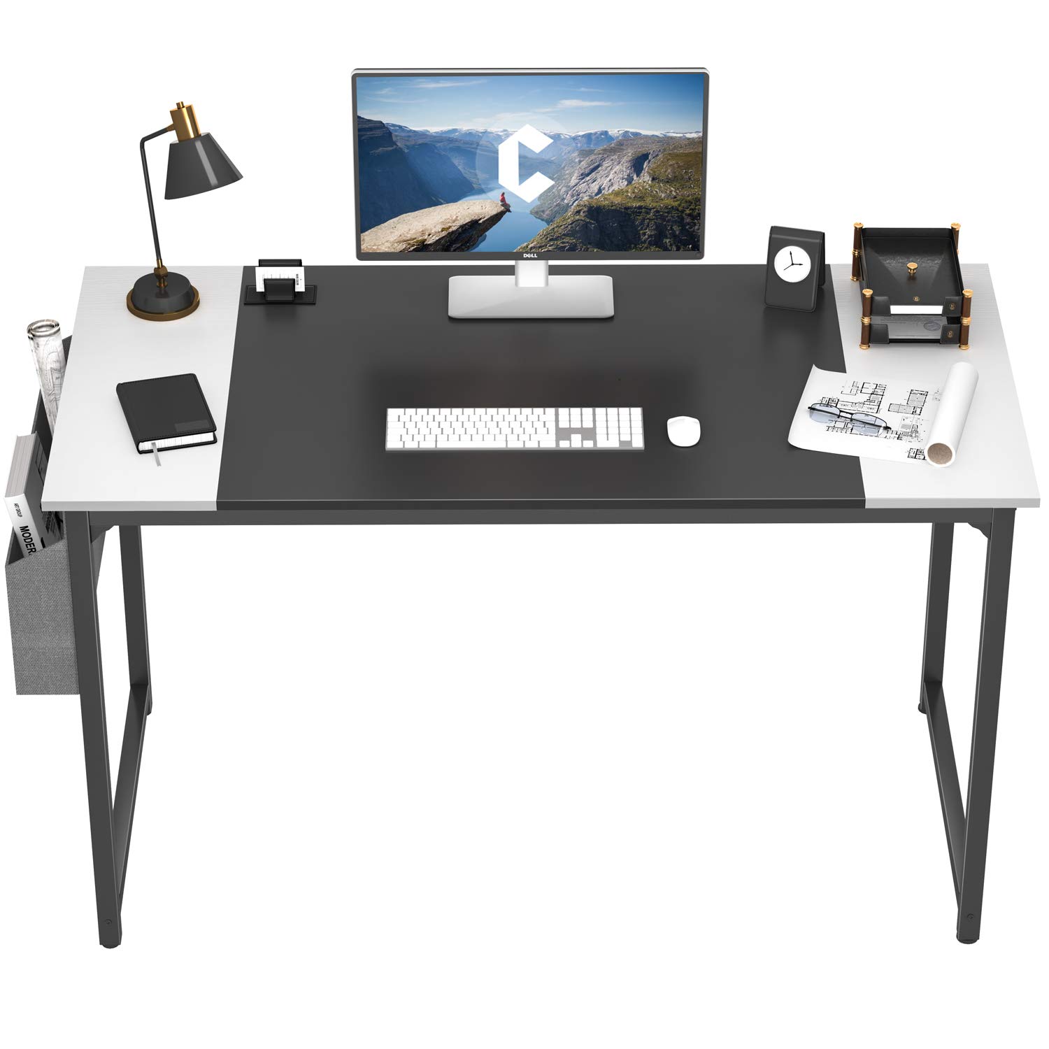 Cubiker Computer Desk 47 Inch Home Office Writing Desk Student Study Desk with Small Table and Storage Bag,Black and White