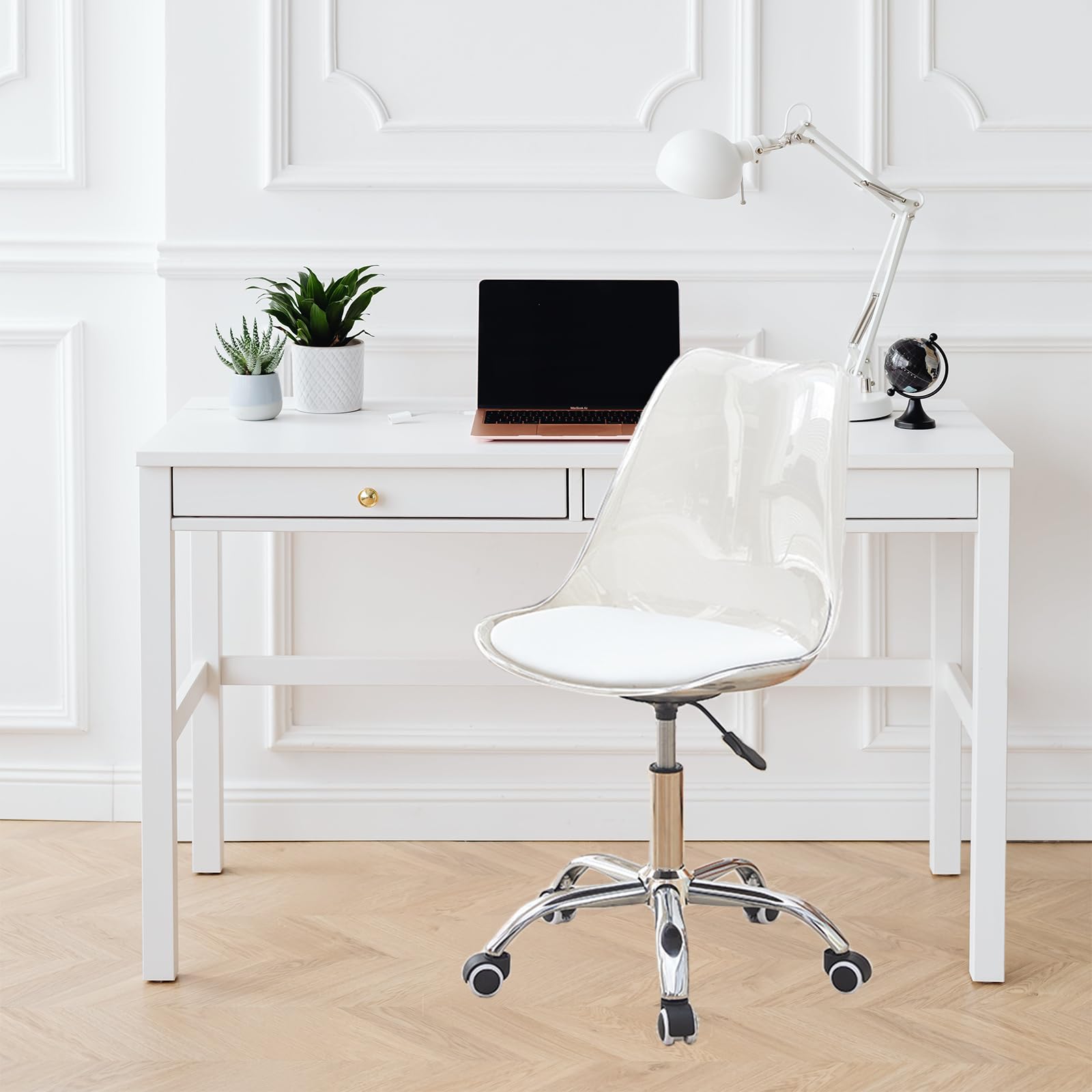 Modern Small Cute Armless Vanity Rolling Chair Adjustable Swive Chair for Office, Home, Make Up, Small Space, Bed Room (Clear)