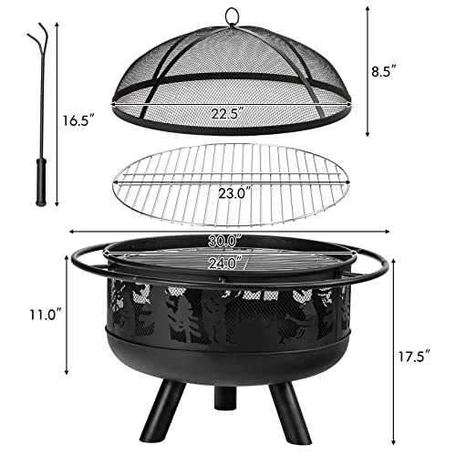 Giantex Round Fire Pit, 30 Inch Outdoor Wood Burning Fire Bowl with Fire Poker & Cooking Grill Grid, Spark Screen Cover, Heavy-Duty Metal Firepit for Patio Barbecue Camping Bonfire Party (Black)