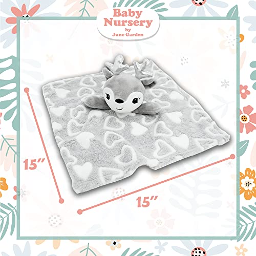 June Garden Cozy Dream Fleece Baby Security Blanket - Infants Nursery Bed Blankets - 15 x 15 inches Lovey - Stuffed Deer Animal Plush - Grey