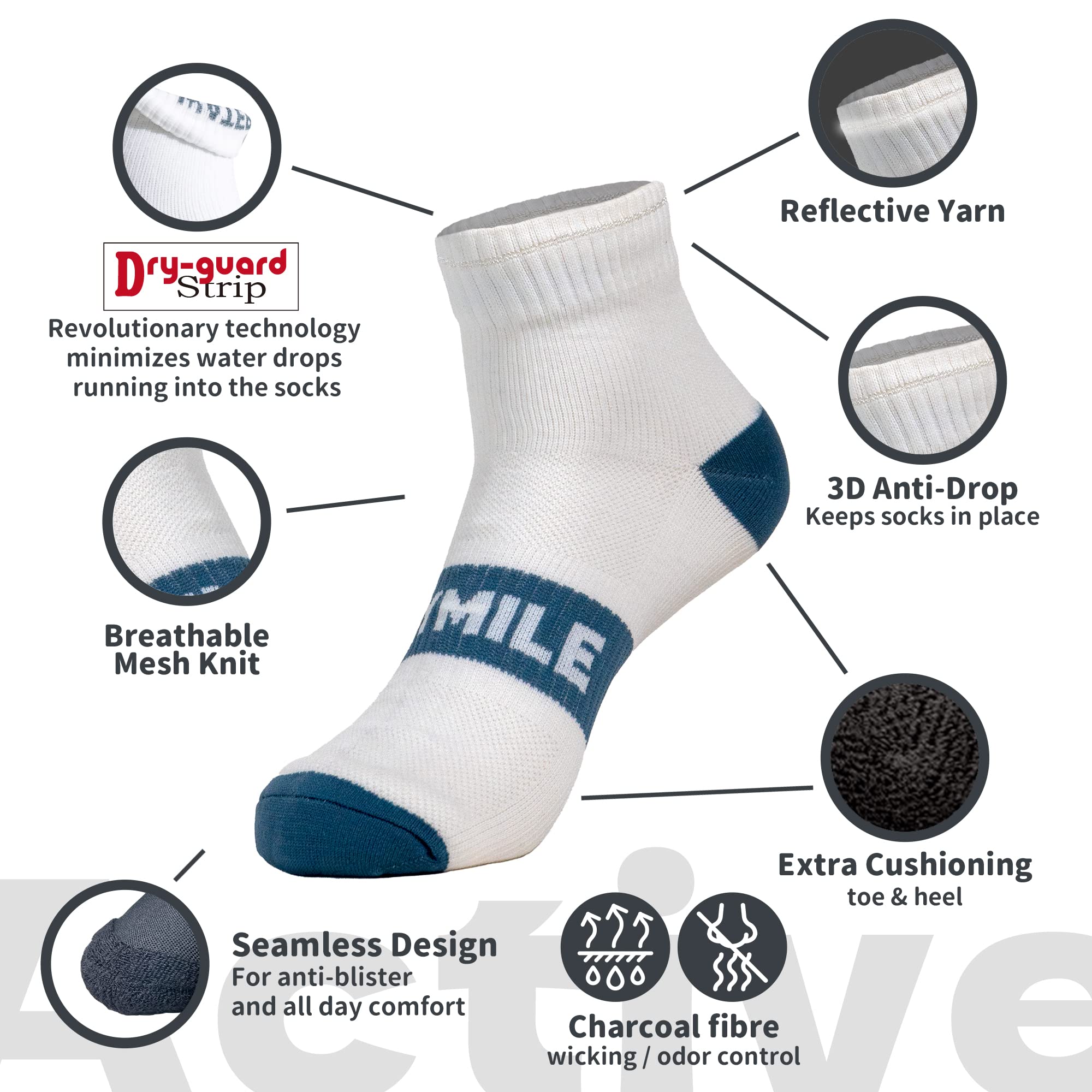 DRYMILE Active Waterproof Socks, Breathable Cushioned Running, Hiking, Winter Waterproof Socks for Men & Women - Ankle (Large, White/Blue)