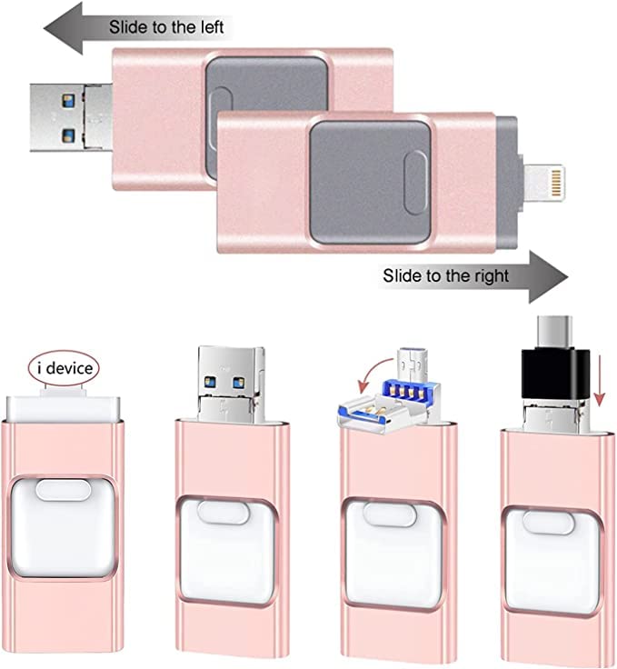 Guanshan Ash 4 in 1 High Speed USB Multi Drive Flash Drive,USB Flash Drive Compatible for iPhone and Computer, Flash Drive for iPhone & Photo Stick for Android Phones (64GB,Gold)