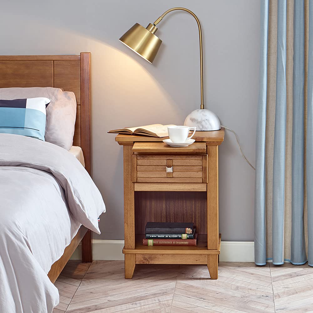 MUSEHOMEINC Rustic Wood Nightstand/End Table with Drawer, and Pull-Out Tray/End Table for Bedroom Open Cabinet Storage Home Furniture,Teak Finish