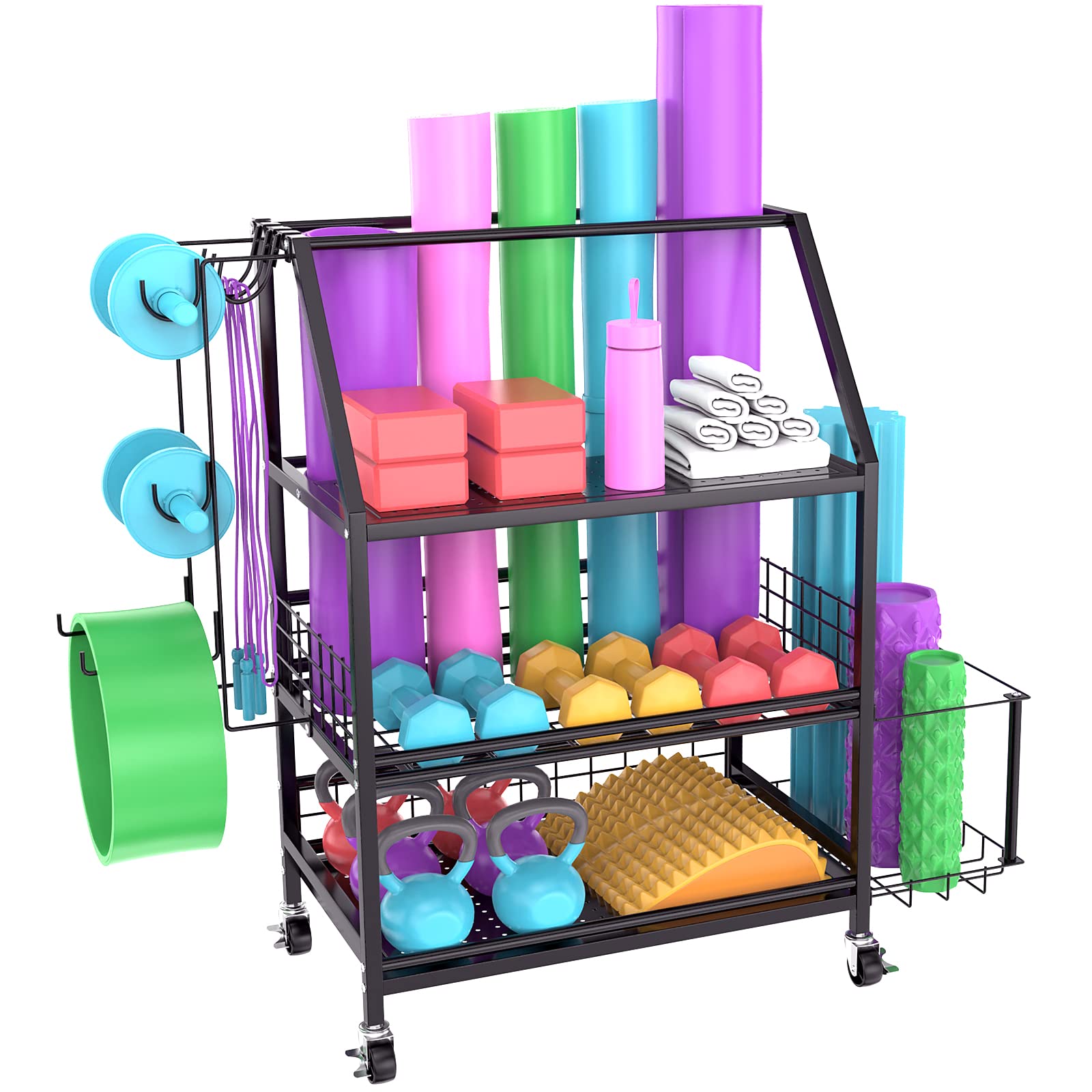 Dumbbell Rack-Yoga Mat Racks with Wheels and Hooks-Weight Rack for Dumbbells-Home Gym Storage Rack for Dumbbells Kettlebells Foam Roller, Yoga Strap, Resistance Bands & Strength Training Equipment