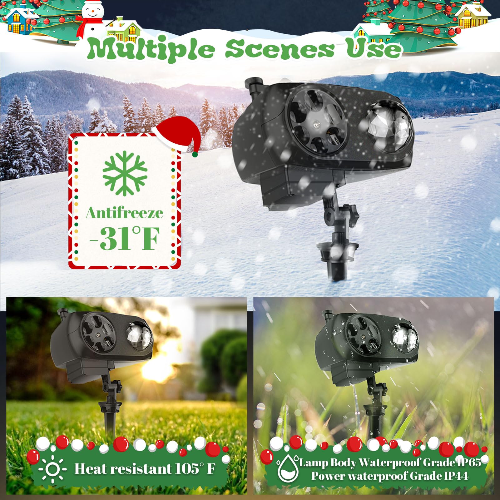 Christmas Projector Lights Outdoor 2-In-1 64 HD Effects Patterns & 3D Ocean Wave Snowflake Christmas Holiday Projector Light Waterproof IP65 with Remote Control Timer Home Garden Party Xmas Decor Gift