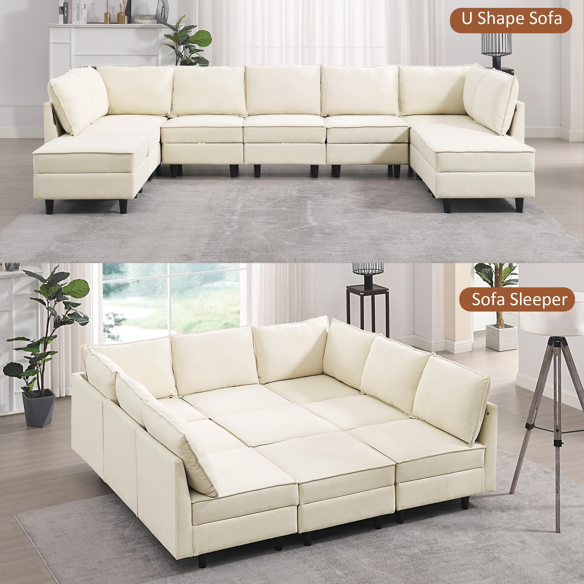 GNIXUU Modular Sectional Sofa Sleeper, Oversized U Shaped Couch Bed with Storage Seat & Ottoman, Convertible 9-Seater Sofa for Living Room, Grey Linen