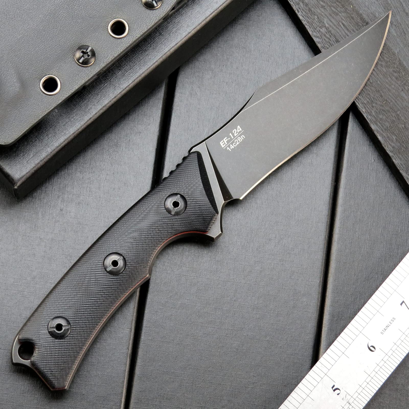 Eafengrow EF124 Fixed Blade Knife 14c28n Steel Blade Coated Black Titanium, G10 Handle Fixed Knife for Outdoor Camping Hunting Survival EDC Tool Knives with Kydex Sheath(Black)
