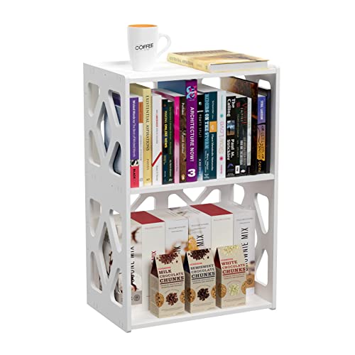 Rerii Small Bookshelf Bookcase for Small Spaces, Bed Side End Table 3 Tier 2 Shelf, Mini Little Book Shelf Case for Kids Room Bedroom Living Room Office, White