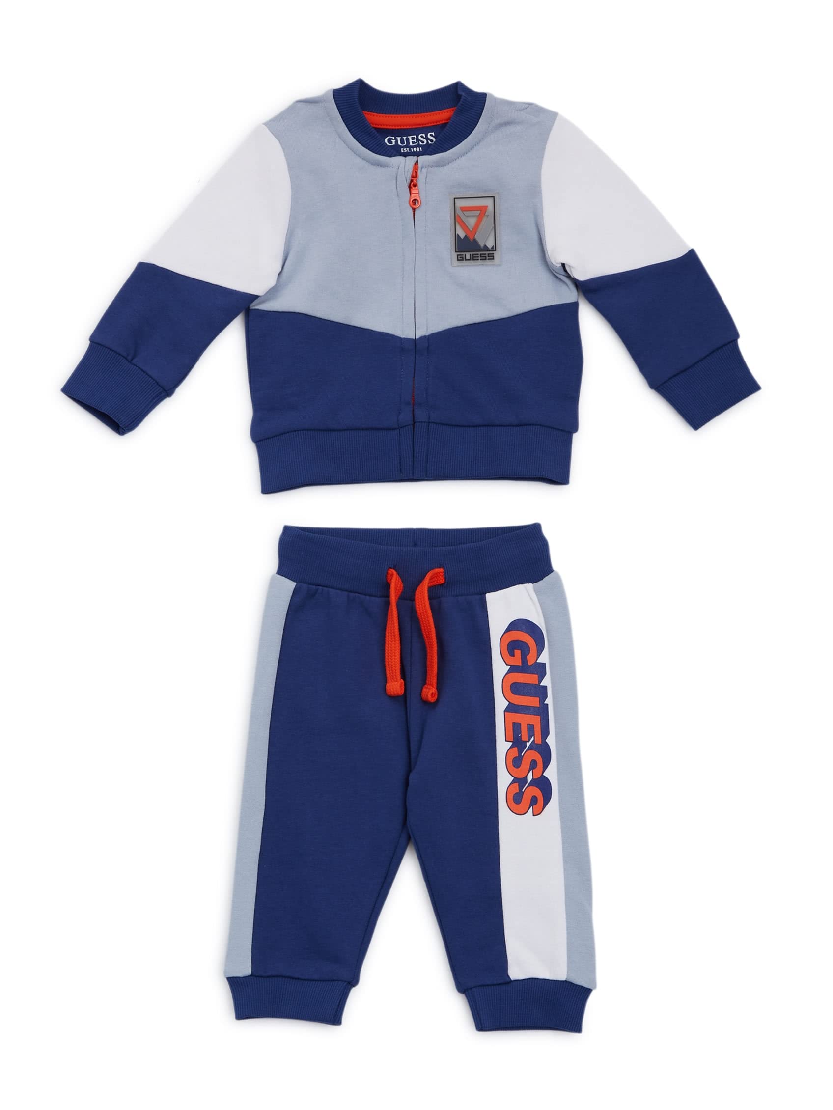GUESS Baby Boys French Terry Full Zip 2 Piece Playwear Sets, Blue White Combo, 6/9M US
