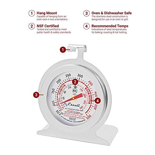 Escali AHO1 Durable Stainless Steel Oven Thermometer, Oven Safe with Stand or Hang, HACCP Guidelines, and NSF Certified Silver