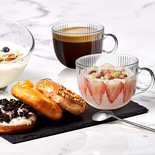 OULOVECO Glass Cereal Bowl Clear Oatmeal Bowl with Handle Spoon,Glass Coffee Mug with Lids Milk Breakfast Bowls Yogurt Bowl for Latte Tea Microwave Safe,400ml/13.5 oz,Set of 2