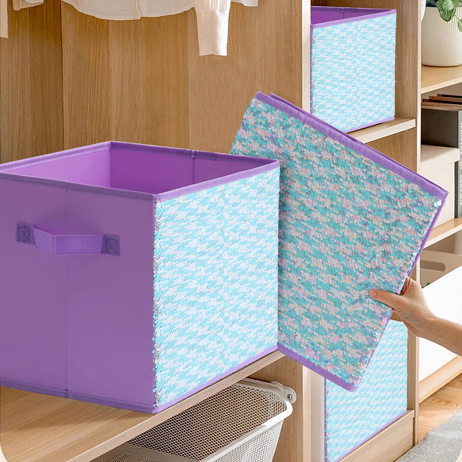 ELUCHANG Foldable Sequin Storage Basket Bin Closet Cubes Kids Toys Organizer Boxes, Collapsible Fabric Cubby Storage Bins for Girls,Organizing,Babies,Nursery,Shelves 11x11x11 (Purple,4PCS)