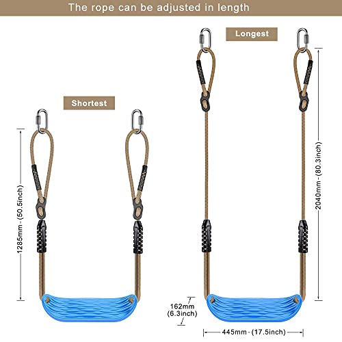 SELEWARE Plastic Swing Seat, Non Slip Tree Swing Set with Adjustable Rope and 2 Carabiners, Heavy Duty Playground Swing Set Accessories for Kid Indoor Outdoor Backyard, Blue