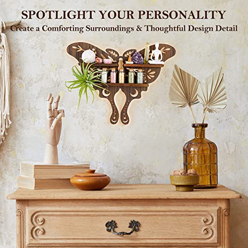 Luna Moth Crystal Shelf Display, Boho Pine Wood Wall Floating Shelves with Light for Gem Stone Essential Oil Storage, Bohemian Wooden Butterfly Hanging Witch Home Rustic Decor Holder for Bedroom Altar