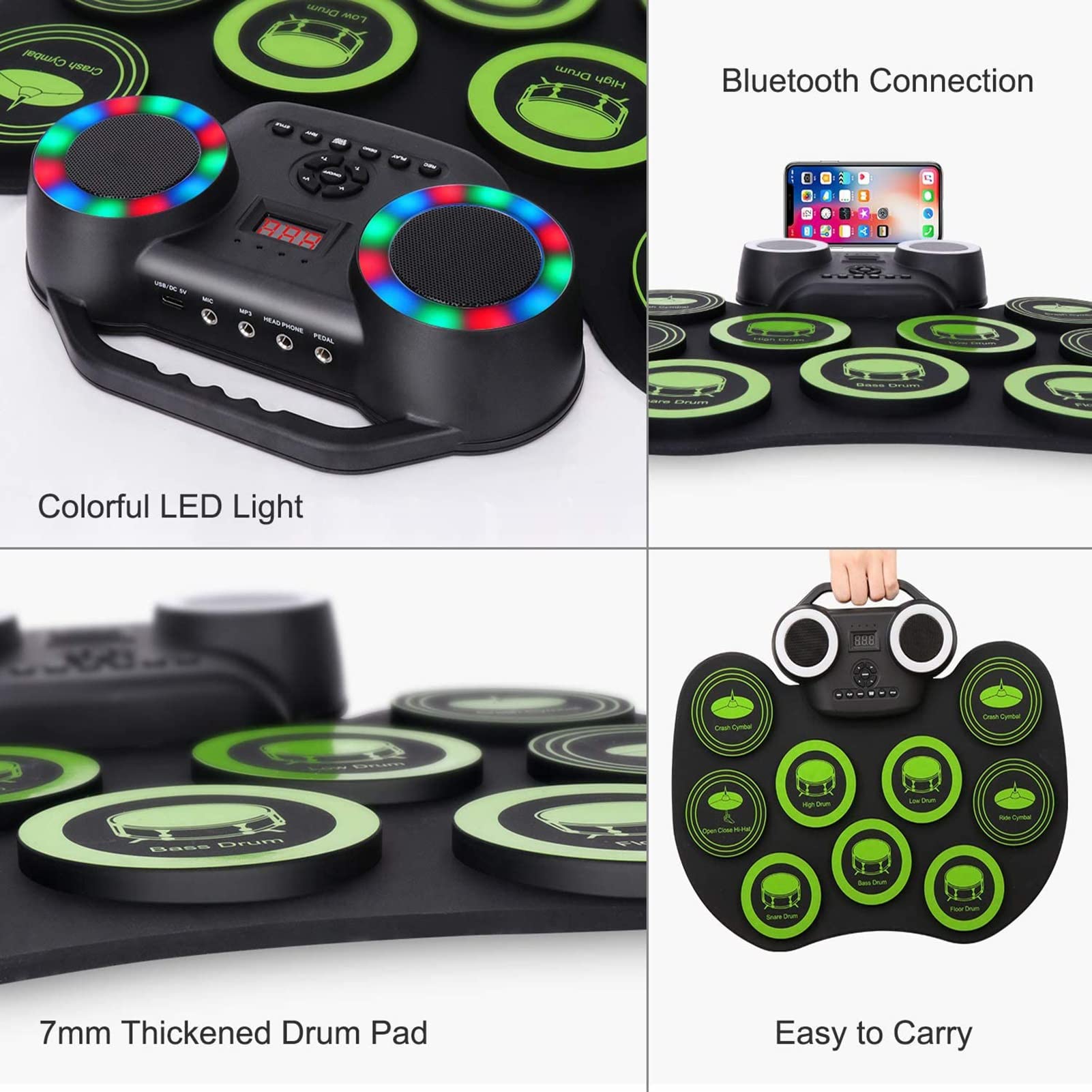 Electronic Drum Kit 9 Pads Roll-up Practice Drum Set With Colorful LED Lights For 10h Playing Built-in Dual Speakers Headphone USB Jack And Foor Pedals Great Chrismas Birthdays Gift For Beginners ( Co