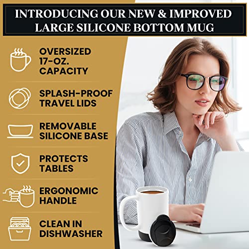 Extra Large Ceramic Coffee Mug w/Lid and Removable Silicone Base - 17 ounce Slideproof Coffee Cups w/Handle and Sip and Cover Lid - Set of 2 Dishwasher Safe Ceramic Travel Mugs - Reusable White Cup