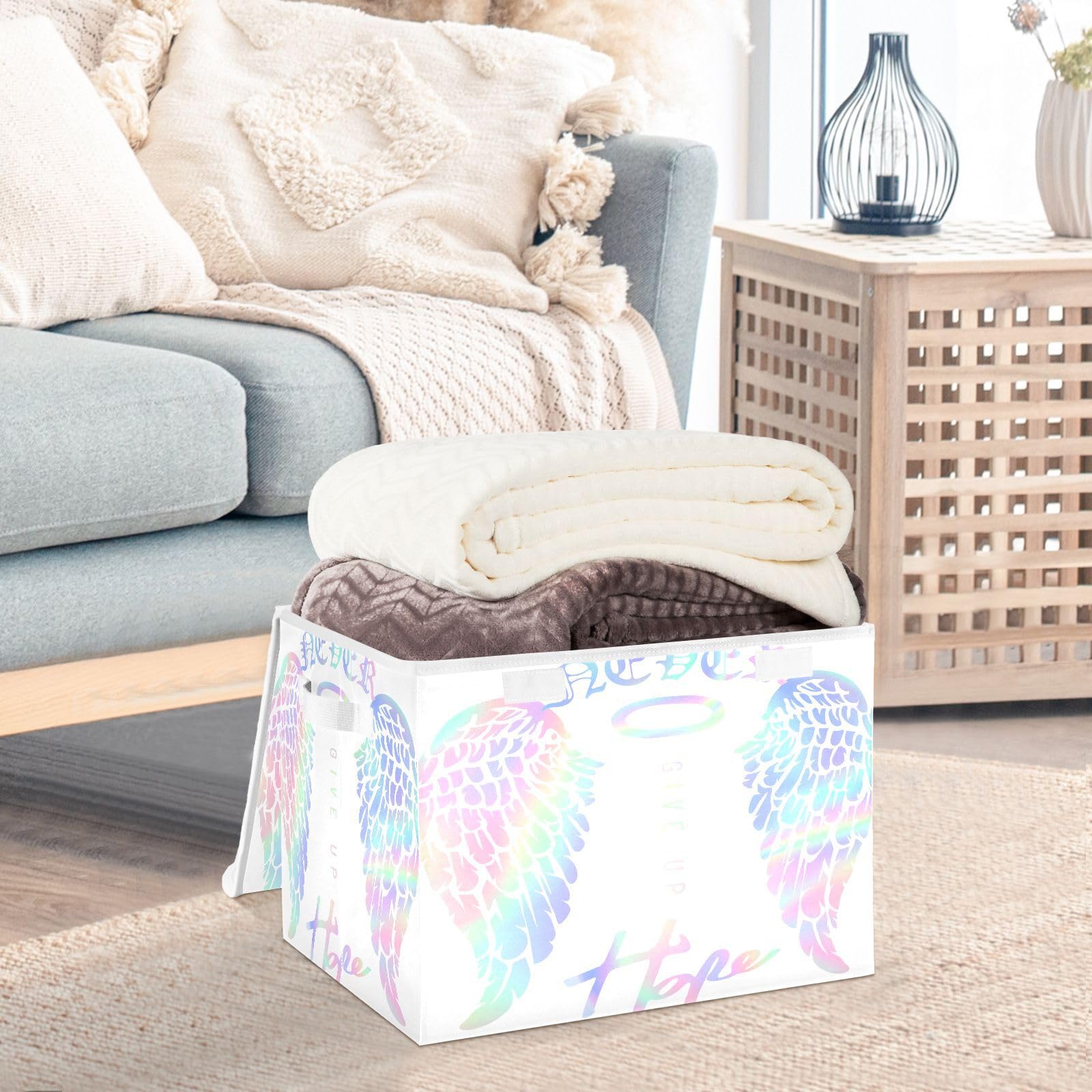 KiRYu Never-give-up-angel-wings-black Foldable Fabric Storage Boxes with Lids, Cube Large Storage Bins for Shelves Closet Home Bedroom Office Decorative