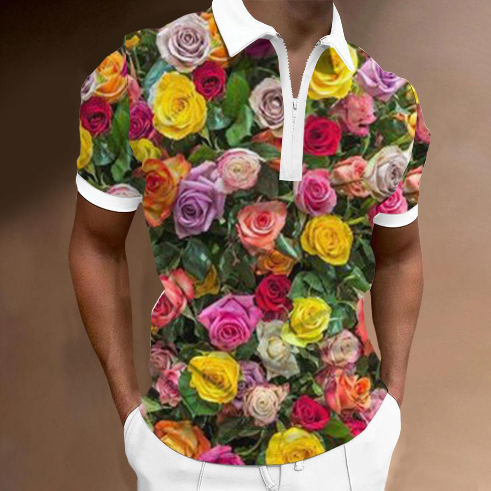 DUOWEI Mens 3D Digital Printing Lapel Zipper Short Sleeve Shirt Casual Fashion Shirt Jacket Yellow