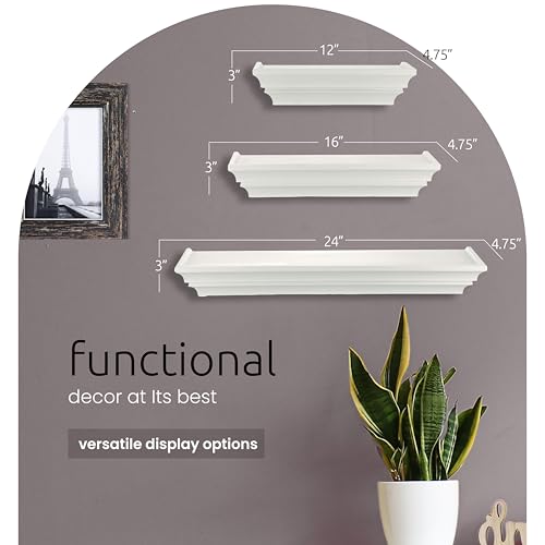 Kiera Grace Madison Classic Crown Molding Floating Wall Shelves, Robust Engineered Wood, Easy Assembly, Ideal for Home Decor, 12" / 16" / 24", White, Set of 3