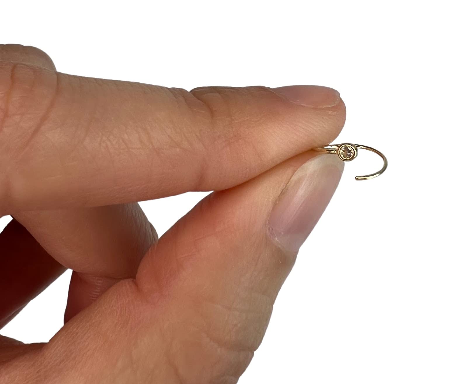 CZ Nose Ring 20 gauge 8 mm 5/16 inch with 2 mm Round CZ, Simulated Diamond Nose Hoop, Bezel Set Cubic Zirconia Nose Jewelry (14k Solid Gold)