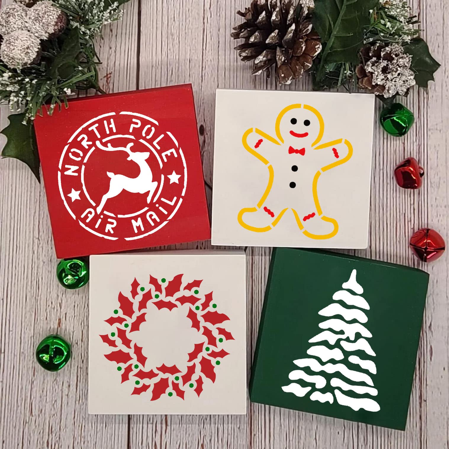Christmas Stencils for Painting on Wood,3x3” Reusable Holiday Xmas Stencil Drawing Templates for Christmas Tree/Tier Tray/Window Decor