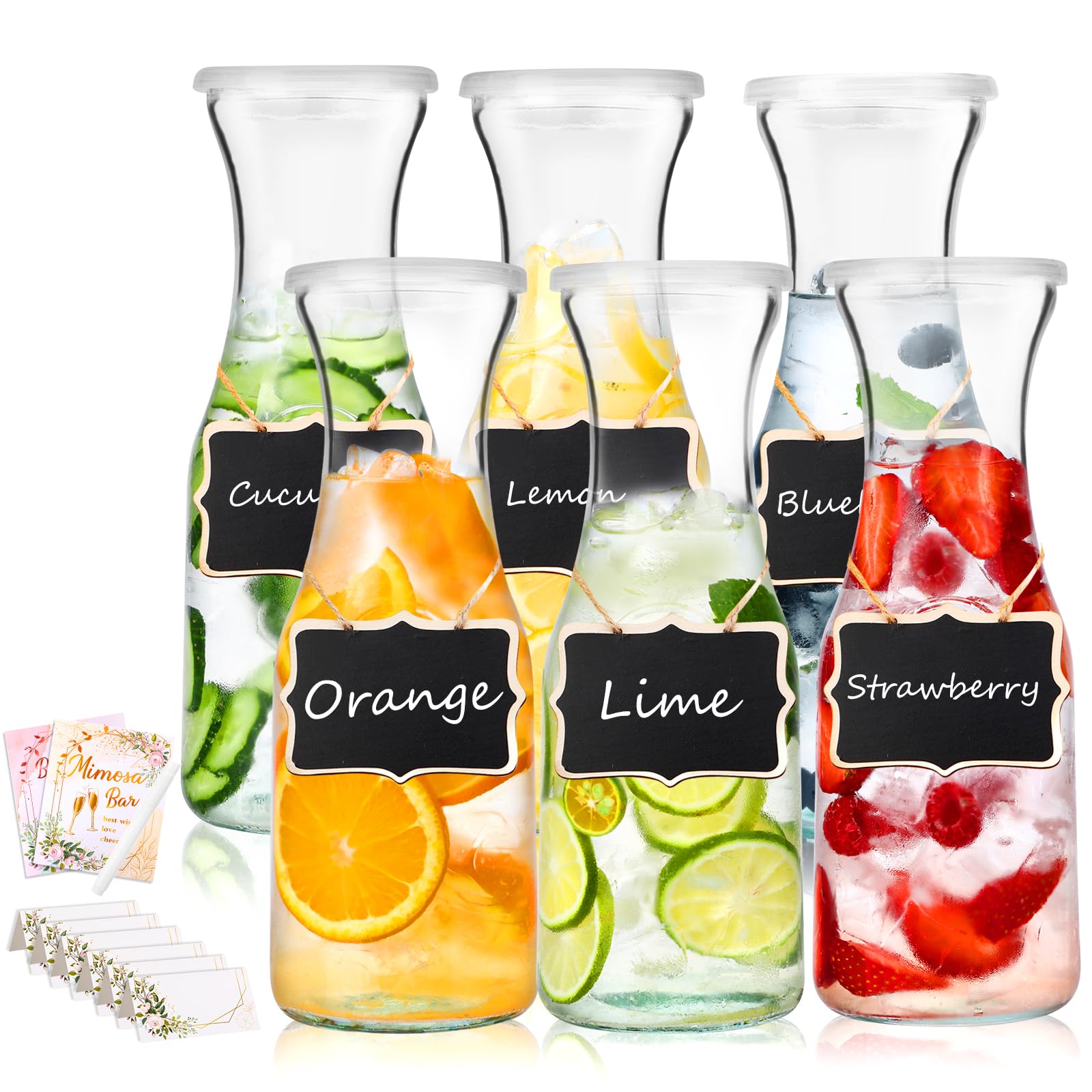 CUCUMI 6pcs 35oz Glass Carafe with Lids, Glass Juice Carafe Set for Mimosa Bar, Bubbly Bar, Brunch, Iced Tea, Parties Banquets