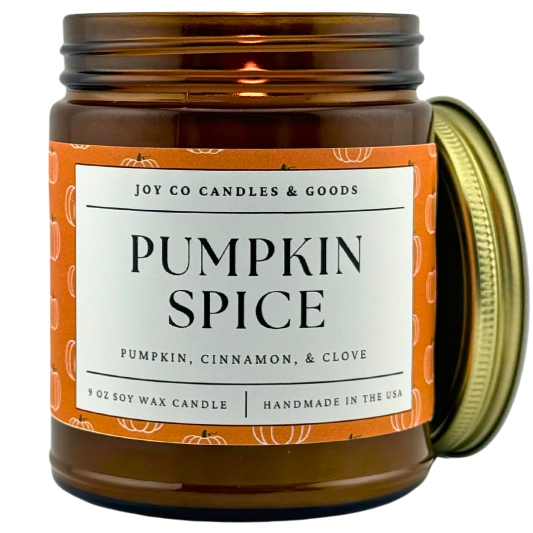 JOY CO Candles & Goods Fall Candle, 9 oz Soy Wax, Pumpkin Spice Scent, 50-Hour Burn Time, Amber Glass Jar