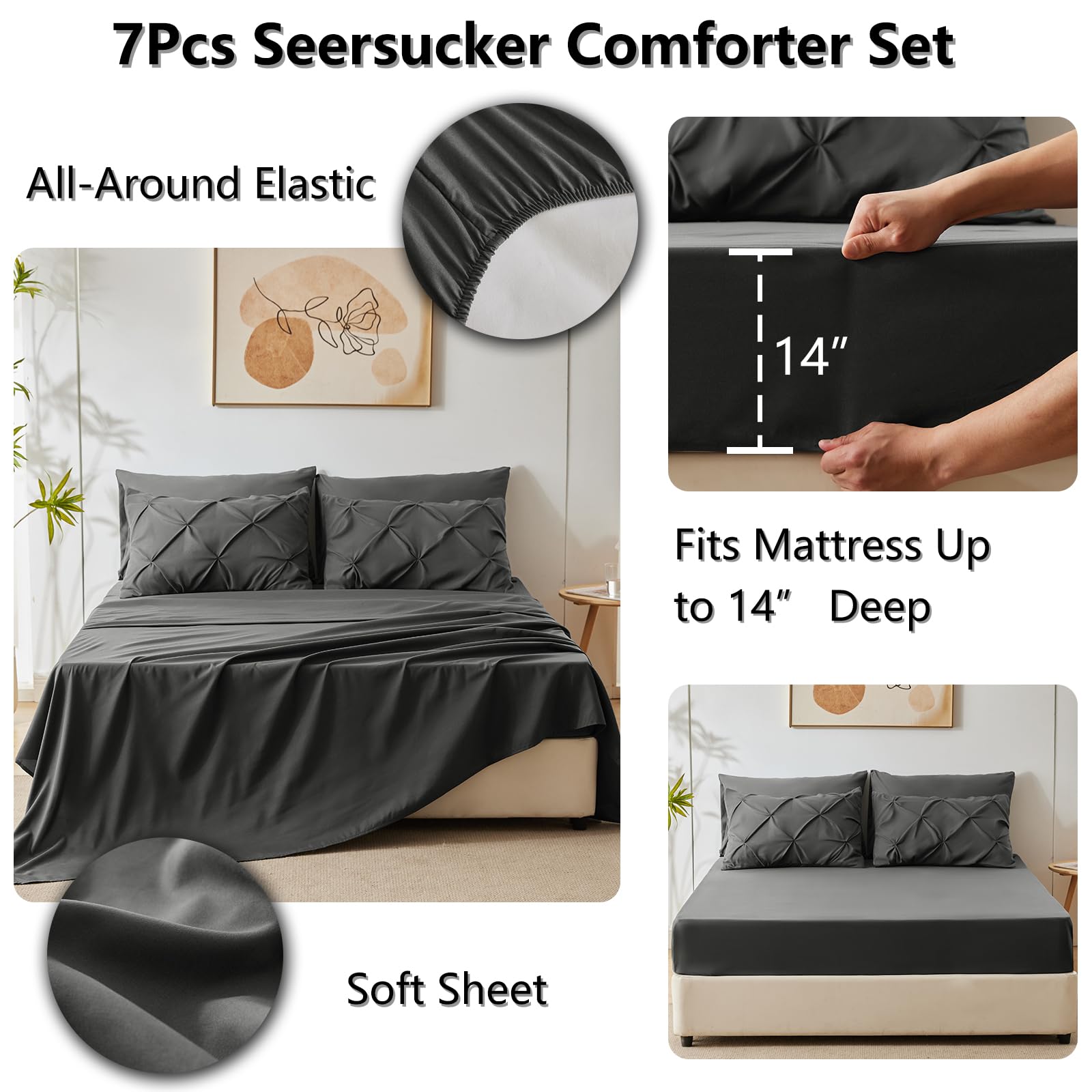 CozyLux Queen Comforter Set - 7 Pieces Comforters Queen Size Dark Grey, Pintuck Bed in A Bag Gray Pinch Pleat Bedding Sets with All Season Comforter, Flat Sheet, Fitted Sheet and Pillowcases & Shams