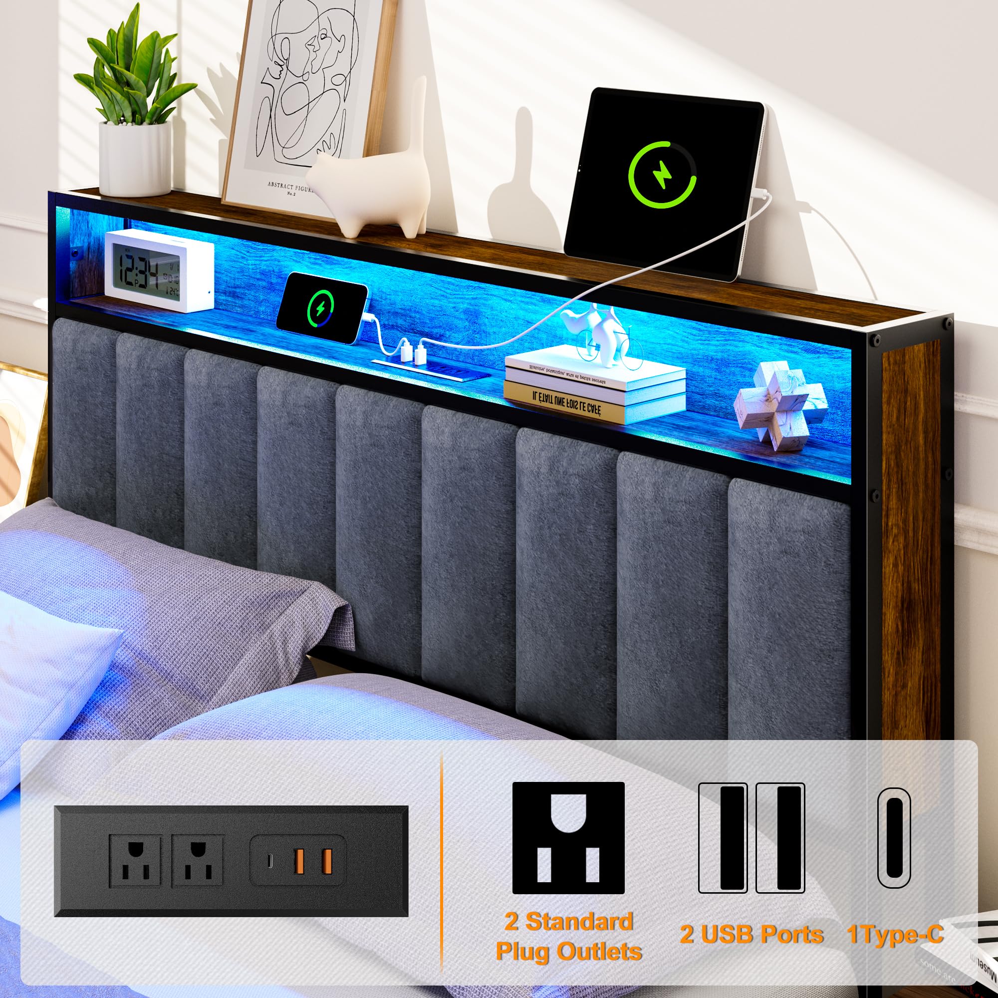 HLHFZP Queen Bed Frame, Queen Bed Frame with LED Light Headboard and 1 Type C & 2 USB Charging Station, Heavy Duty Metal Bed Frame No Box Spring Needed - Easy Assembly and Noise Free (English)