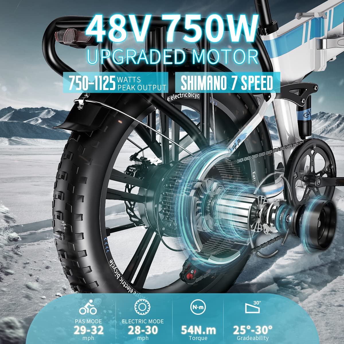 Electric Bike for Adults 750W 30MPH 20'' Snow Fat Tires Folding Ebike with 48V/12.8AH LG Cell Removable Battery Full Suspension Electric Bicycle with 7-Speed,Lockable Shock Front Fork