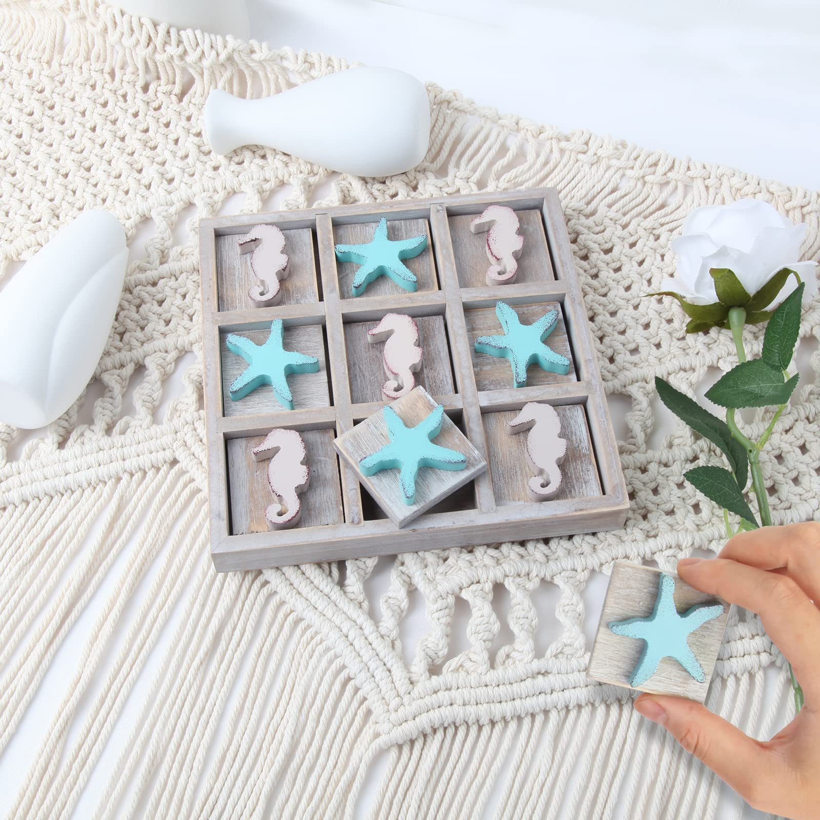 FAMIPLUS Coastal Tic Tac Toe Game Nautical Wooden Tic Tac Toe Board Game for Beach House Coffee Table Desk Decor, Rustic Brown