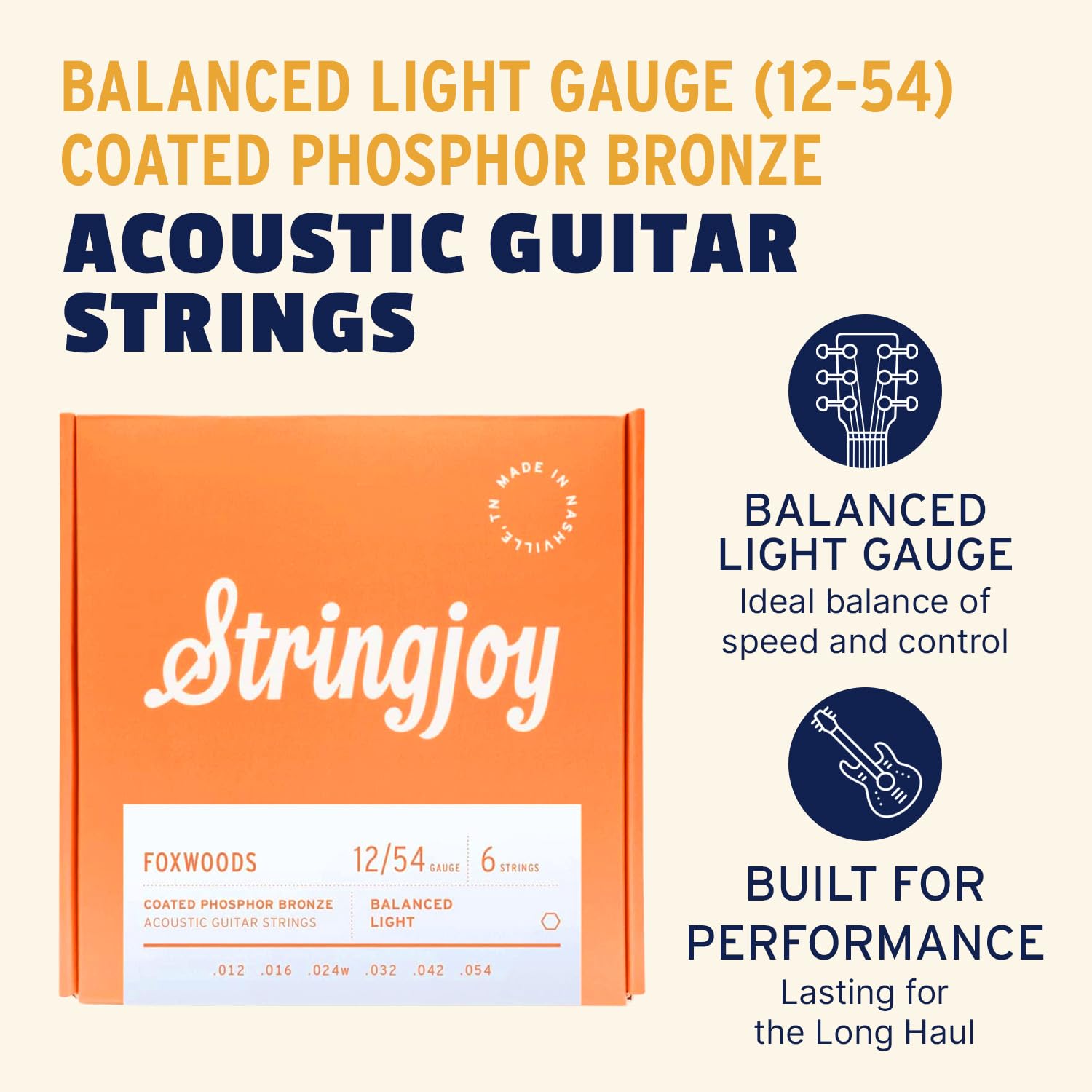 Stringjoy FW1254 Foxwoods Coated Phosphor Bronze Acoustic Guitar Strings 12-54 Light Gauge, Long-Lasting Tone, Smooth Playability, Acoustic Guitar Strings 6 String Set, Premium Guitar Accessories