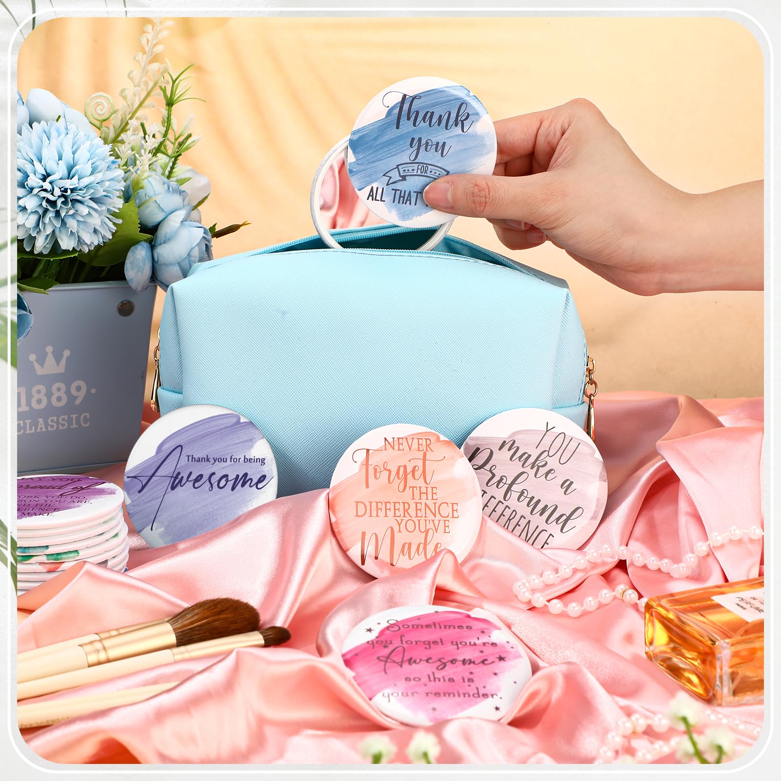 Kigley 50 Pcs Employee Appreciation Gifts Inspirational Compact Mirrors Bulk Round Pocket Mirror for Women Portable Makeup Mini Mirror for Teachers Coworker Secretaries Nurse Students