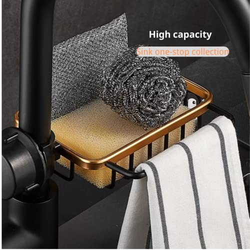 Kitchen Sink Rack Faucet Sponge Holder Over The Sink Organizer Faucet Rack with Hook,A Free Dishcloth Note:Round Pipe with Diameter 0.7-1.1 Inchs Can Be Used(Aluminum,Single Right Blackgolden)